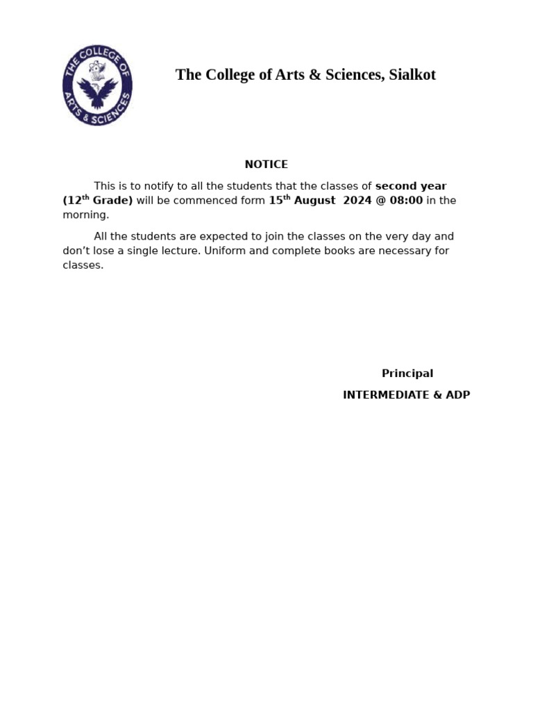 12th Grade Class Start Notice 2024 | PDF