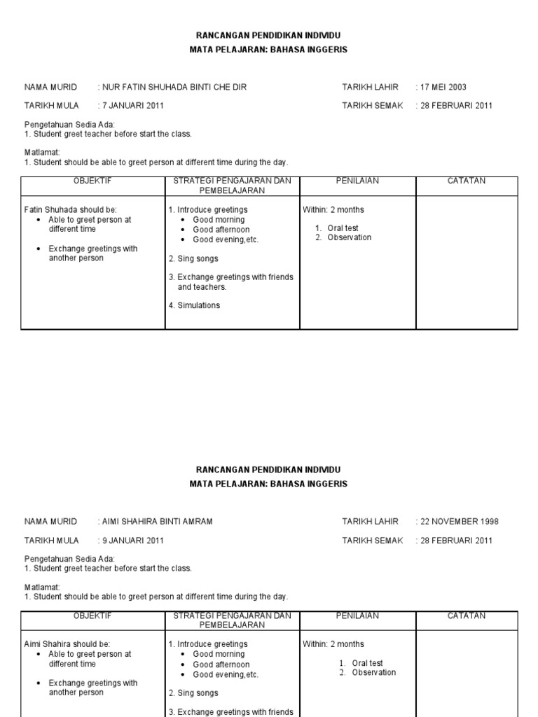Rancangan Pendidikan Individu | PDF