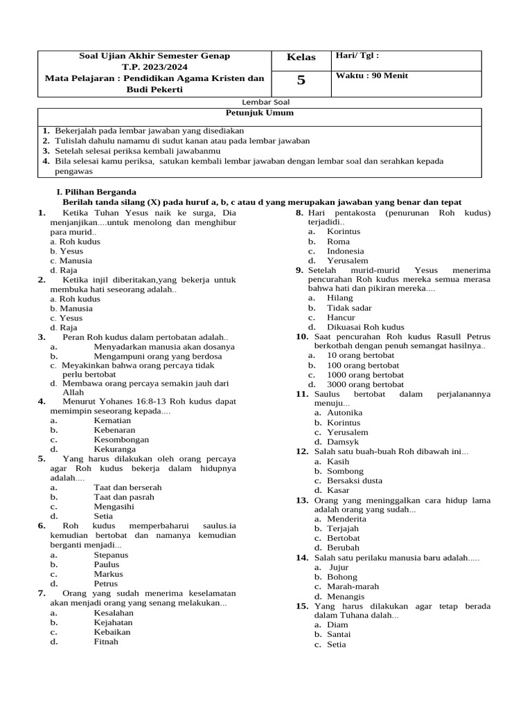 Soal Uas Genap Kelas 5 Agama 2024 | PDF