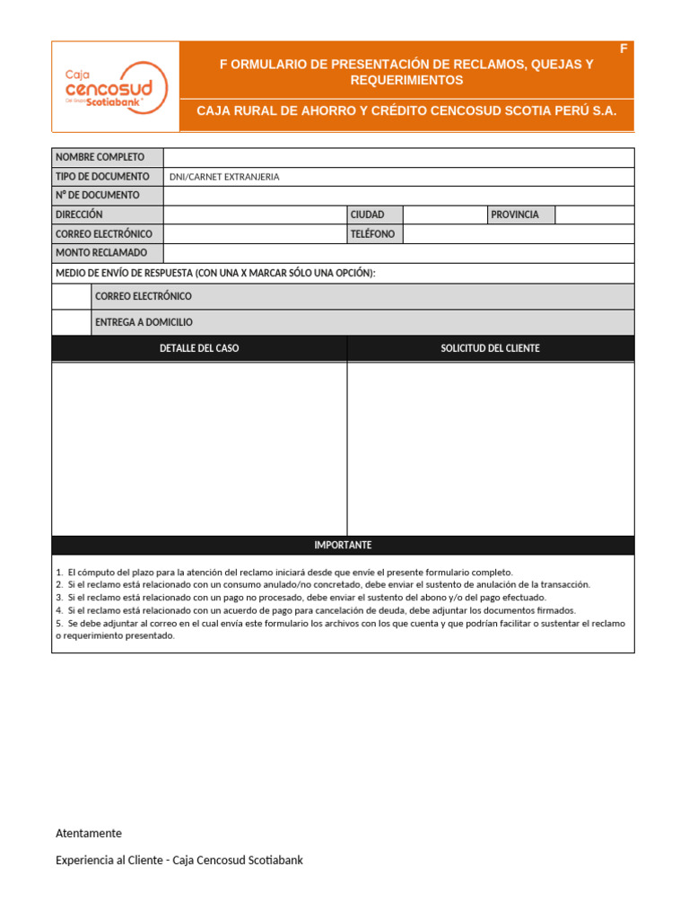 Formulario de Presentacion de Reclamo Queja y Requerimiento 2022 | PDF