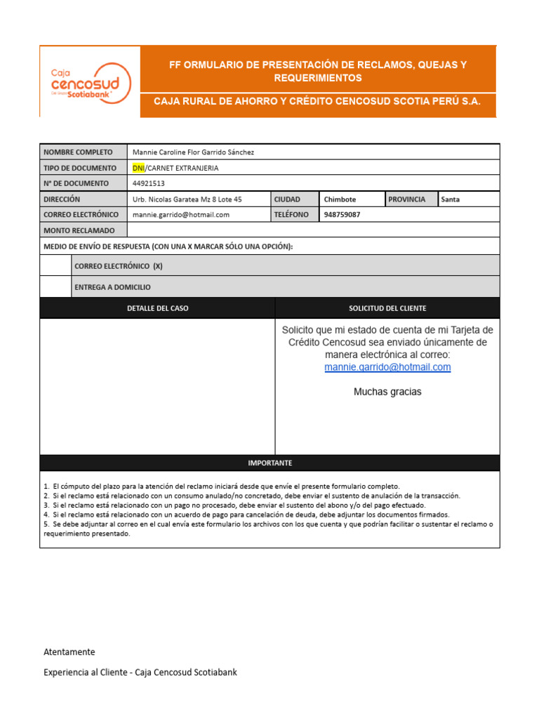 Formulario de Presentacion de Reclamo Queja y Requerimiento 2022 | PDF