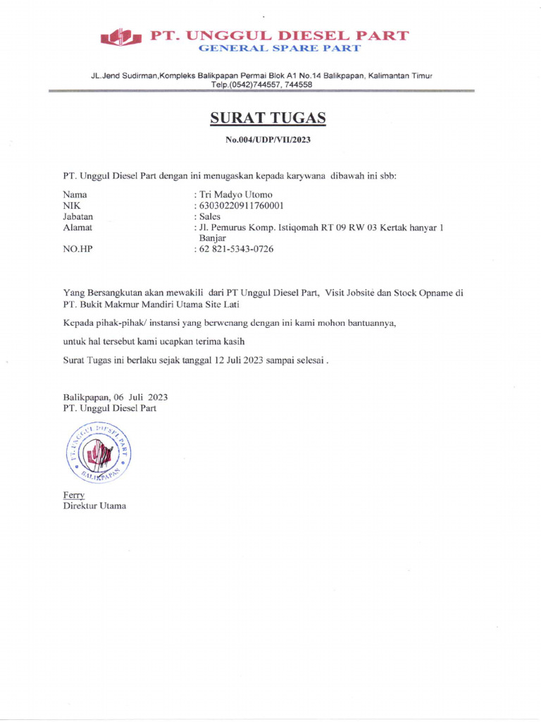 SURAT TUGAS KE PT BUMA | PDF