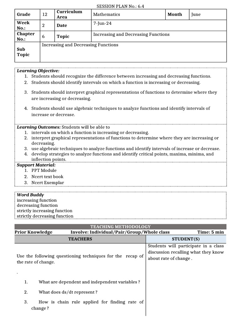 Session Plan 6.4 Increasing &decreasing Functions | PDF | Monotonic Function | Function ...