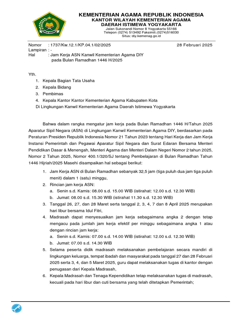 Surat Edaran Jam Kerja Puasa 2025 | PDF