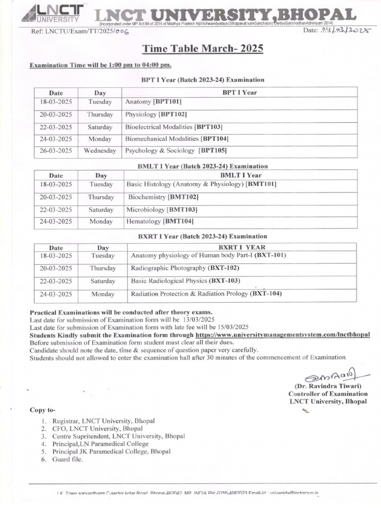 BPT, BMLT, BXRT, I Year Time Table | PDF