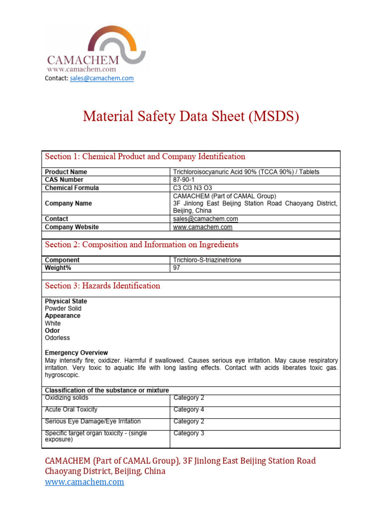 Camachem Trichloroisocyanuric Acid 90 TCCA 90 Tablets SDS MSDS | PDF | Toxicity | Personal ...