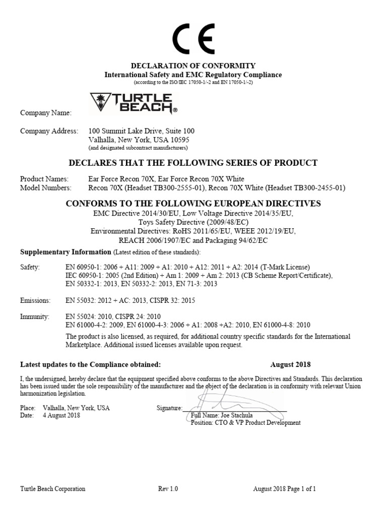 Turtle Beach Product Compliance Declaration | PDF | Regulation