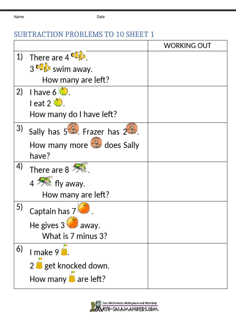 Subtraction Problems To 10 1 | PDF