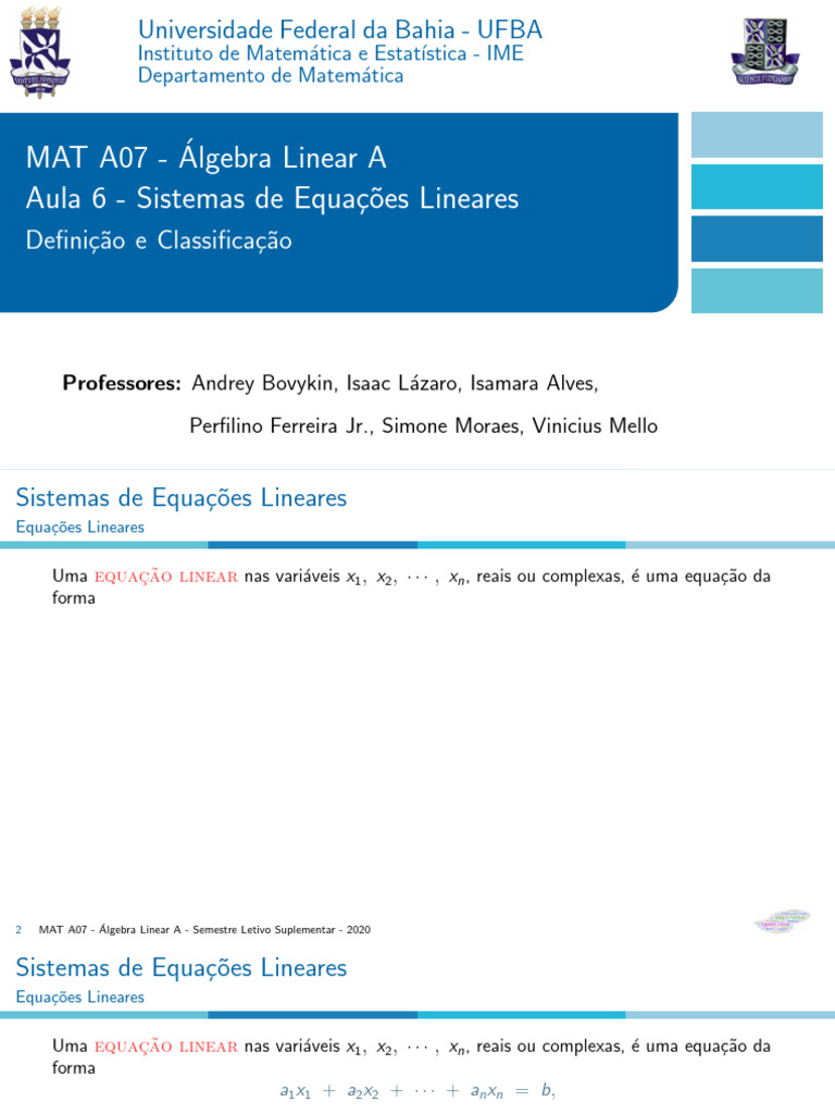 Aula 06 - Sistemas Lineares - Definicao | PDF | Equações | Sistema de ...