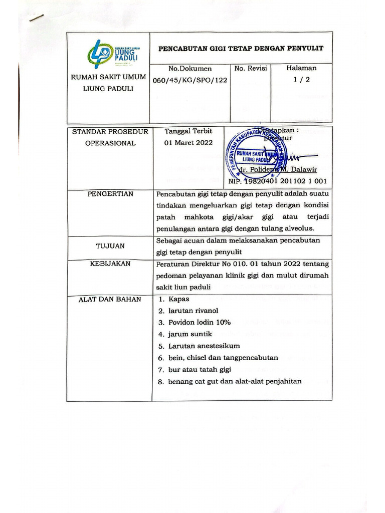 Spo Pencabutan Gigi TTP DNGN Penyulit | PDF