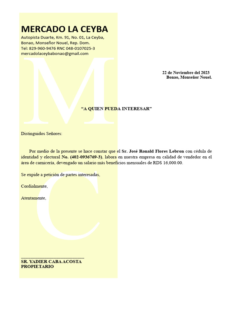 Carta de Mercado La Ceyba Empleado | PDF