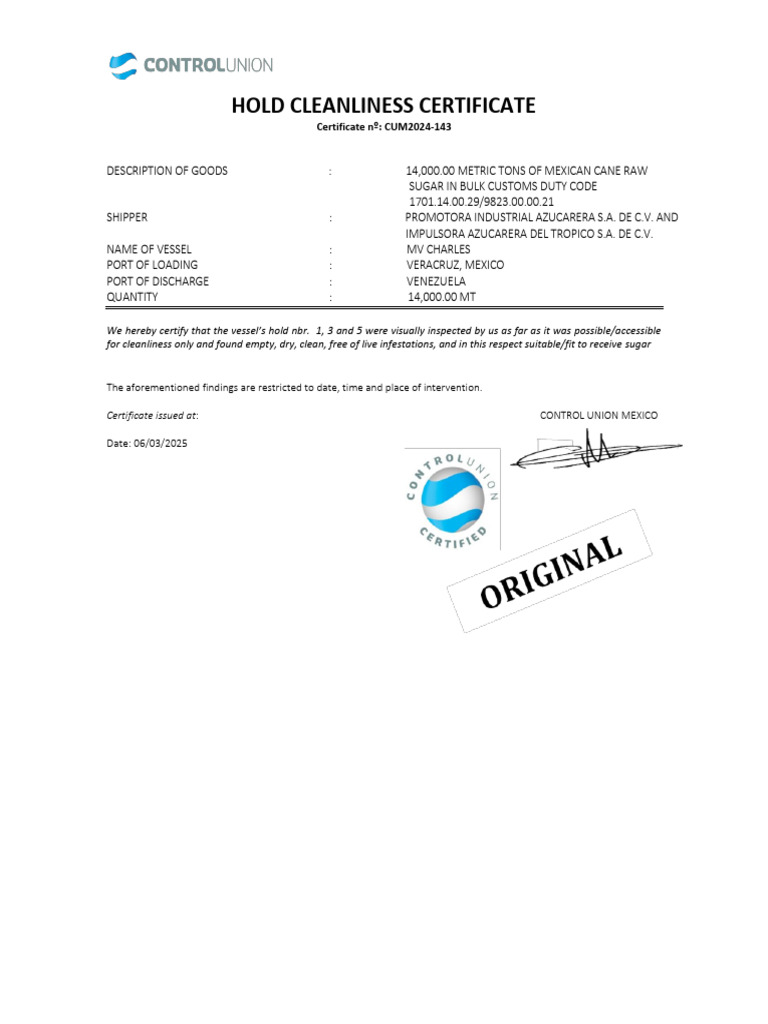 Cum2024-143 - Certificate of Cleanliness of Vessels Holds - Mvcentury ...