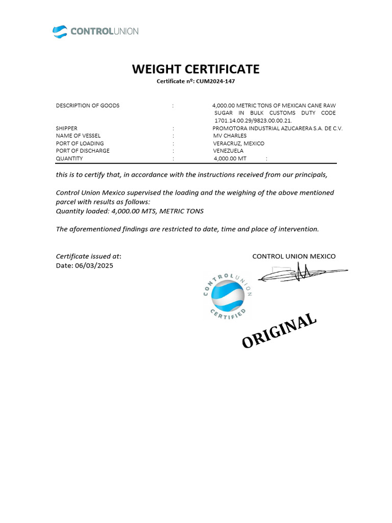 Cum2024-147 - Weight Certificate - MV Charles Productora Industrial ...