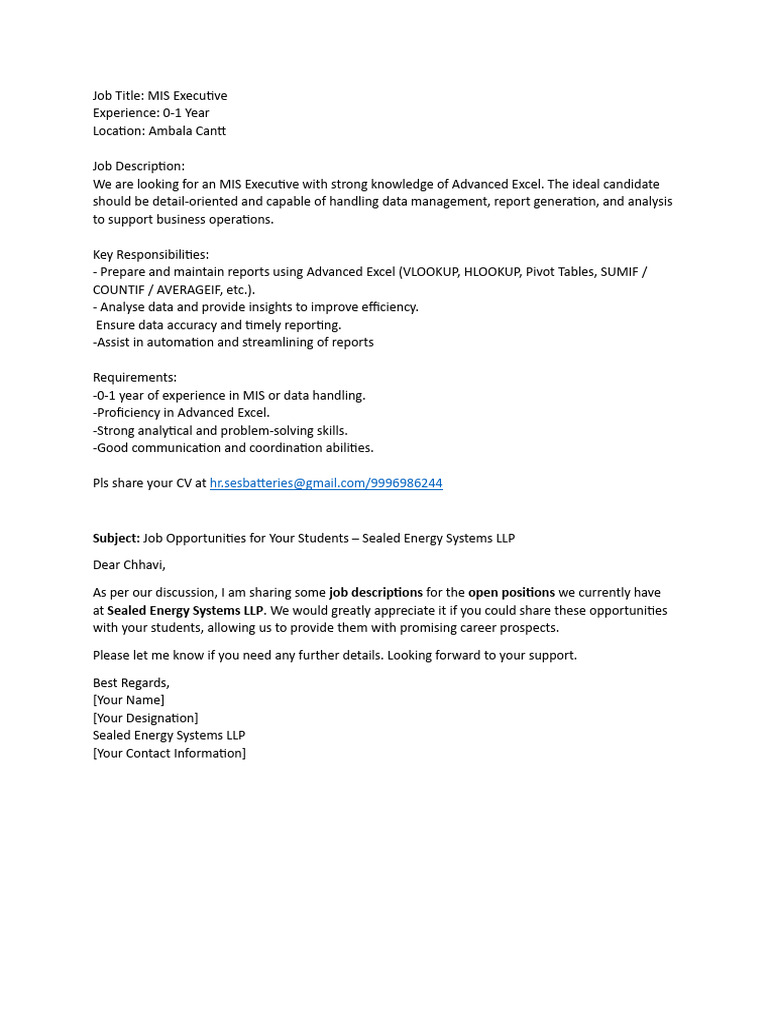 MIS Executive Job Opening in Ambala | PDF