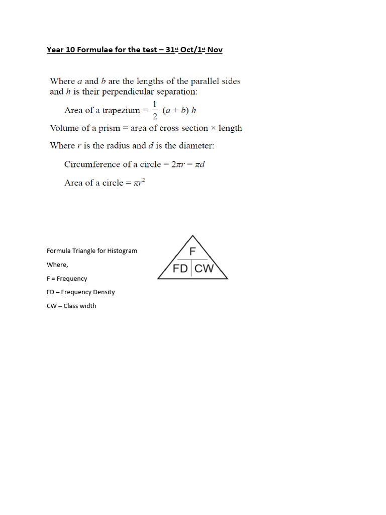 Year 10 Formulae For The Test | PDF