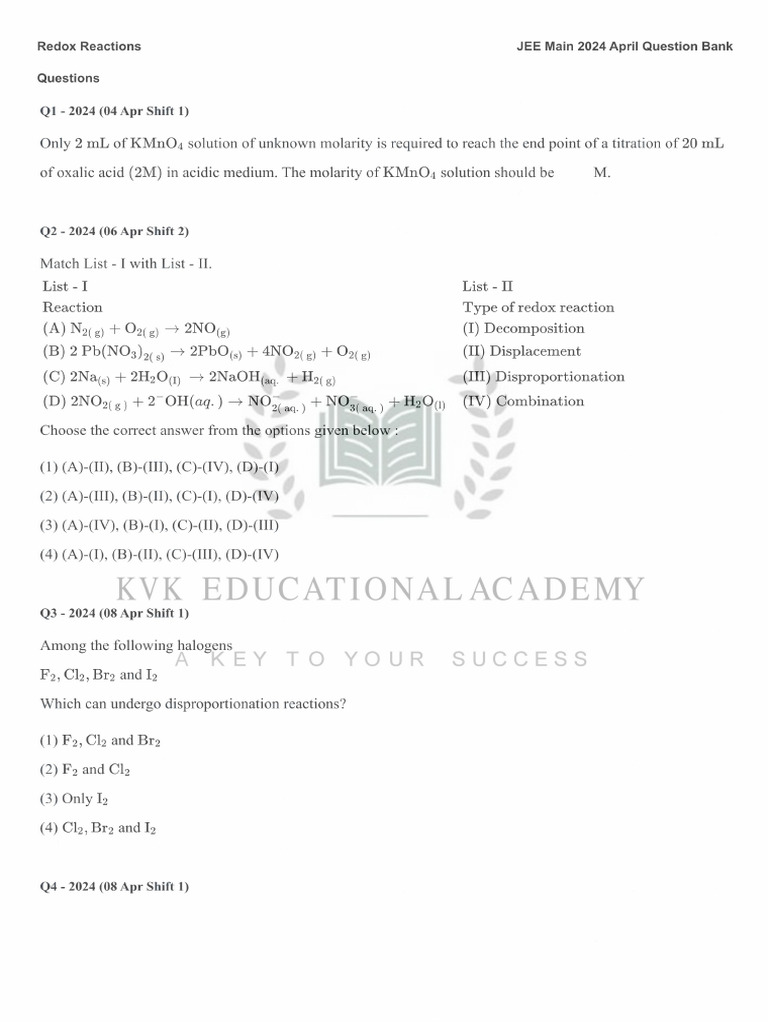 Redox Reactions - JEE Main 2024 A | PDF