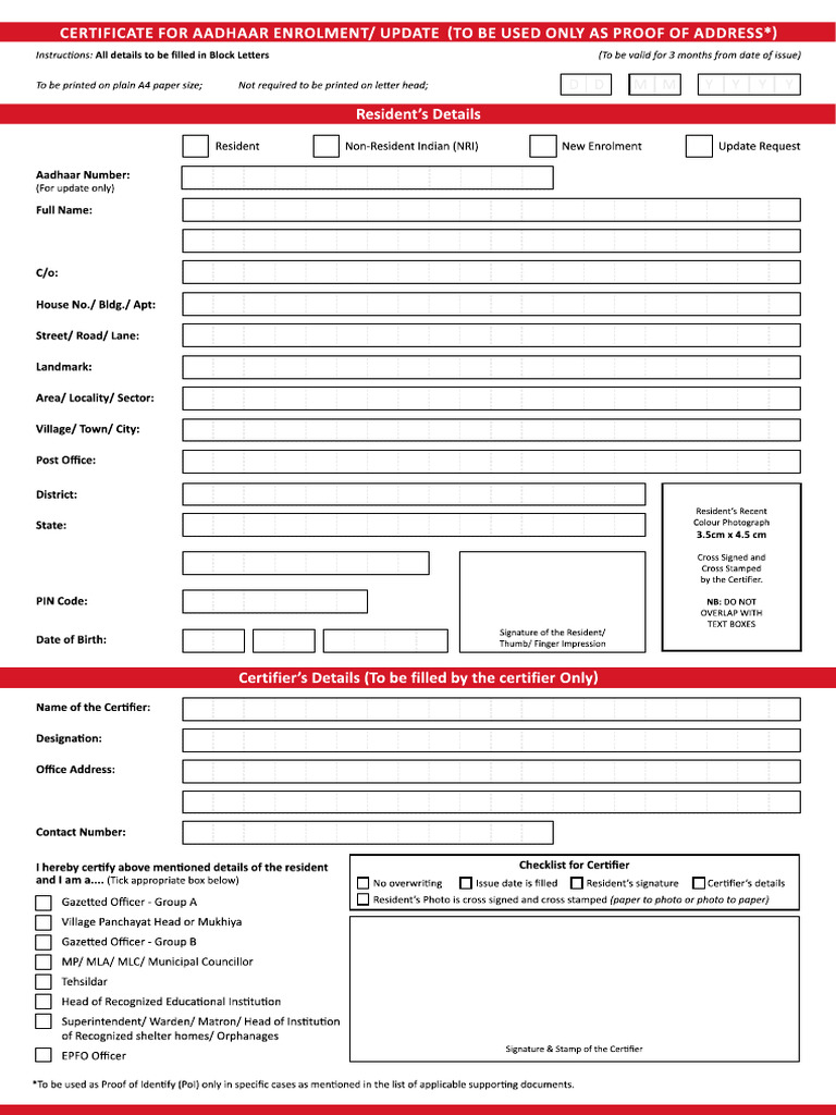Adhar Update Form 2025 | PDF
