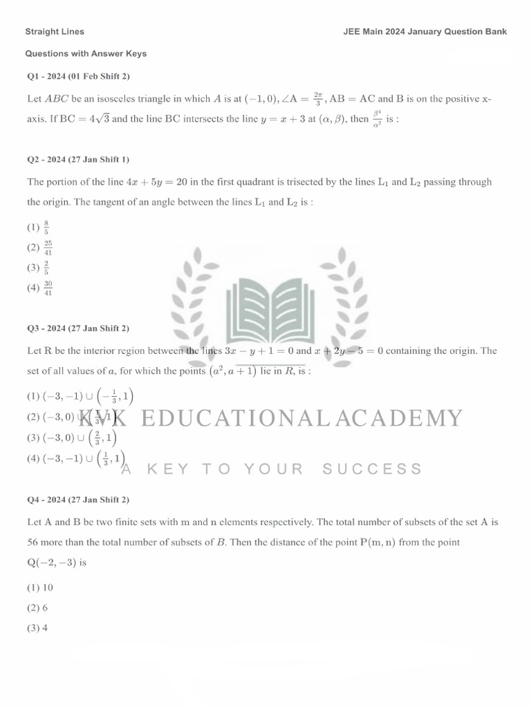 Straight Lines - JEE Main 2024 J | PDF