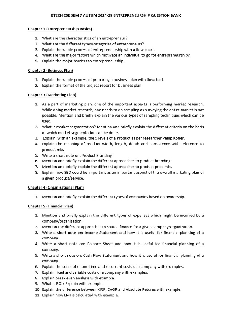 Entrepreneurship Question Bank | PDF | Entrepreneurship | Marketing