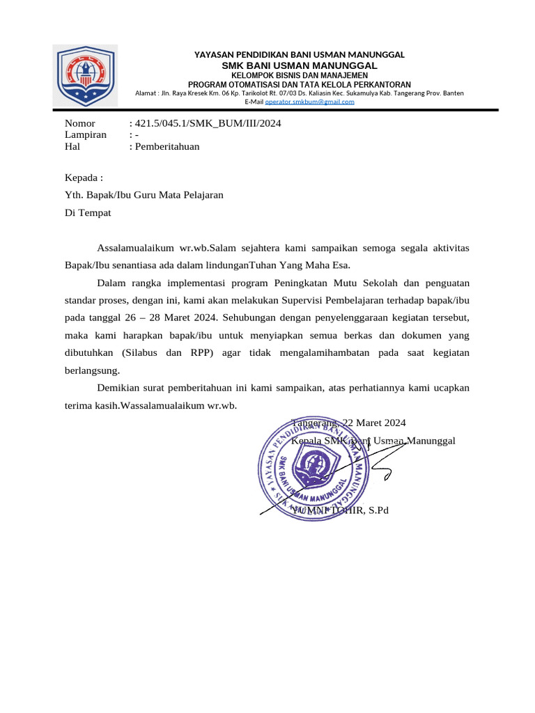 Supervisi Pembelajaran SMK Bani Usman | PDF