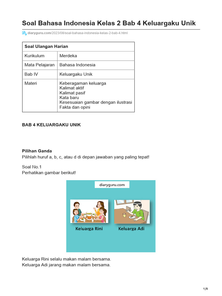 Soal Bahasa Indonesia Kelas 2 Bab 4 Keluargaku Unik | PDF