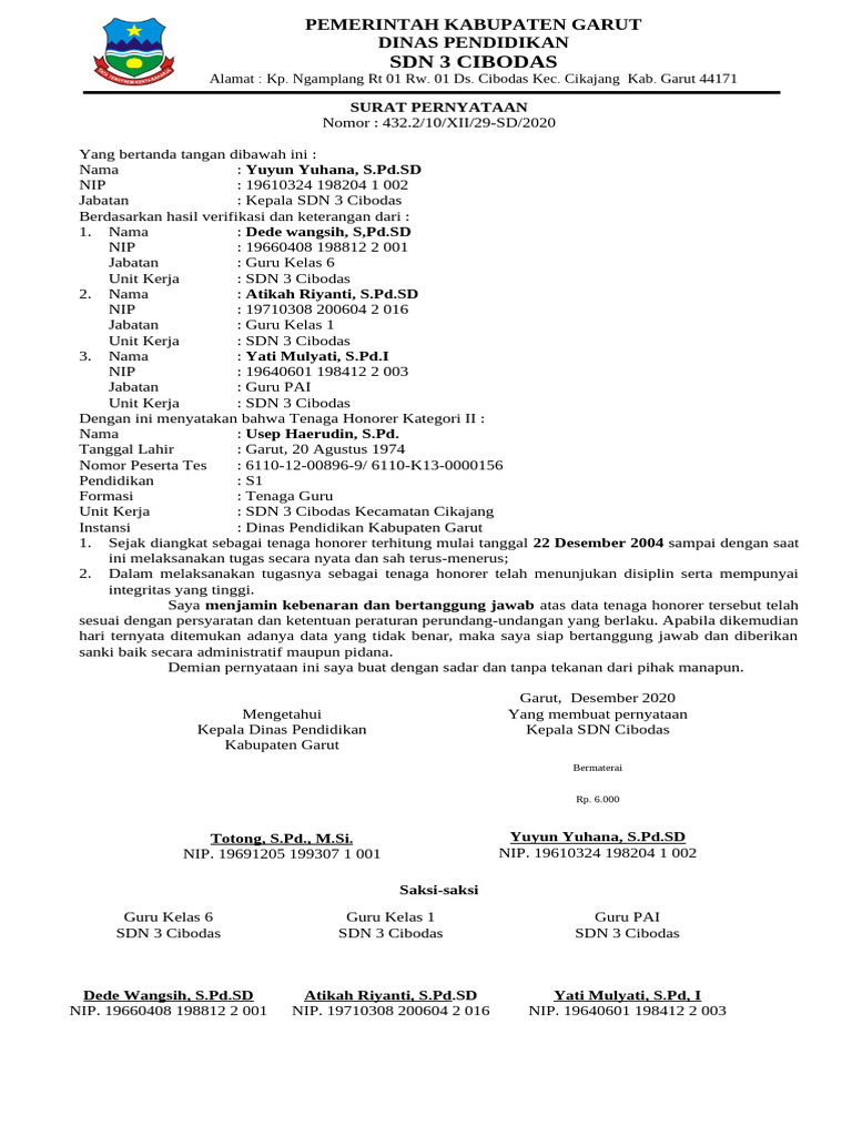 Contoh Surat Pernyataan Kepala SKPD Dan Atasan Langsung Poin 14 | PDF