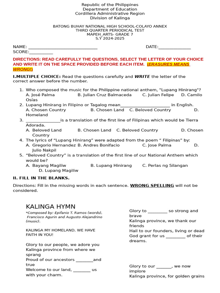 3rd Quarter Exam in MAPEH ARTS GRADE 7-8 | PDF | Philippines ...