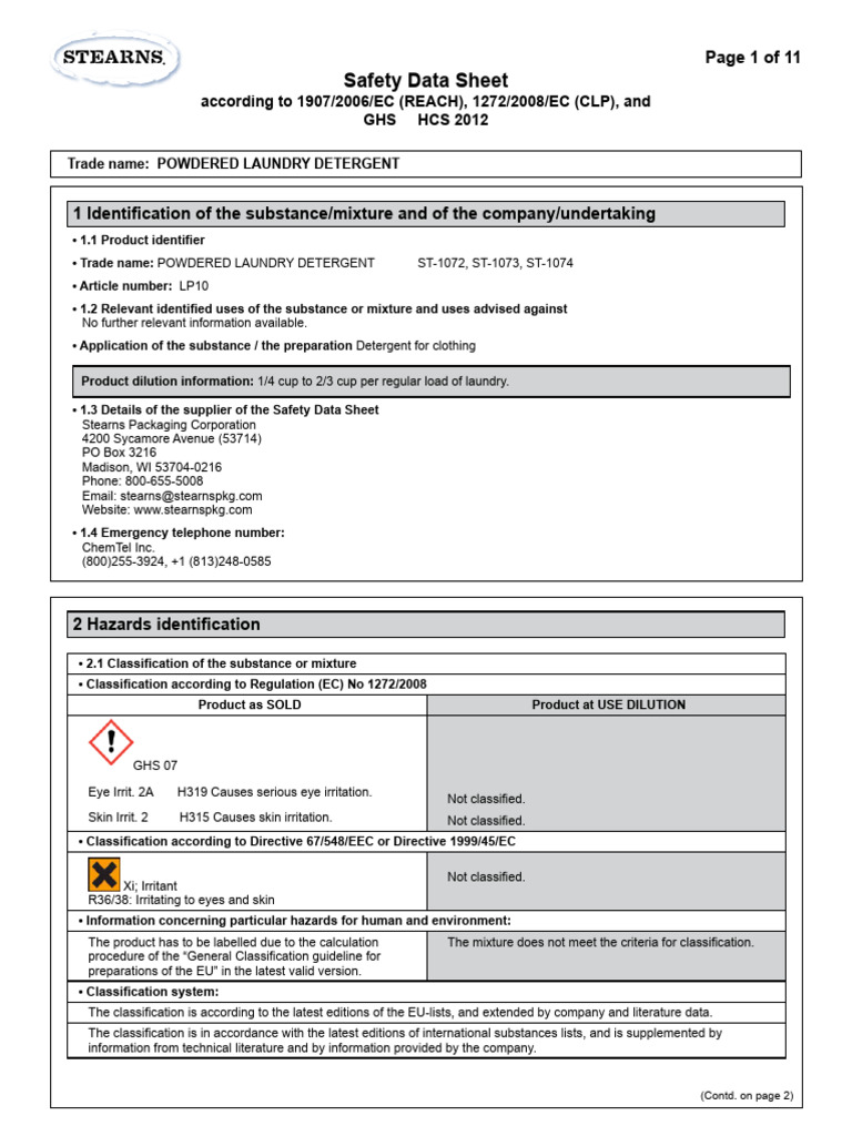 Powdered Laundry Detergent LP10 SDS | PDF | Safety | Occupational ...