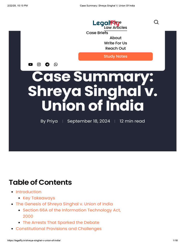 Case Summary - Shreya Singhal v. Union of India | PDF | Freedom Of Speech | Civil Liberties