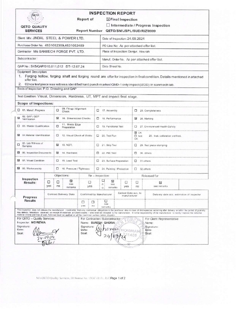 Jindal Sample Inspection Report - Compressed | PDF