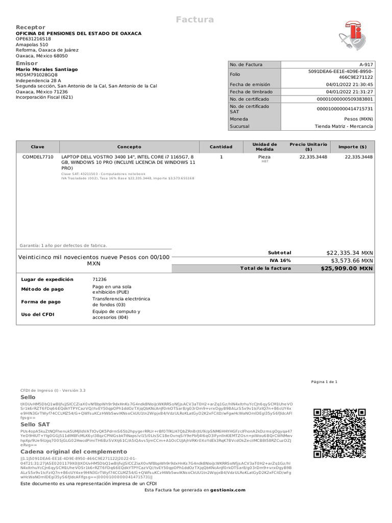 Factura Laptop Dell Vostro 3400 MXN | PDF | Clases de computadoras ...