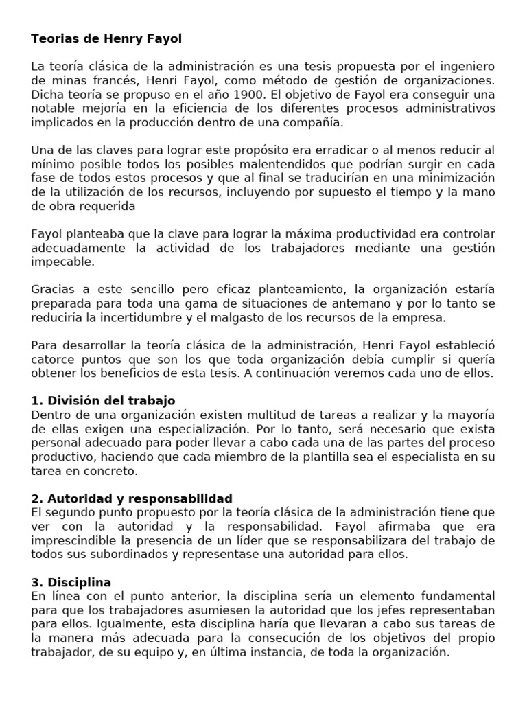 Teoría Clásica de Fayol: 14 Principios Clave | PDF | Economias
