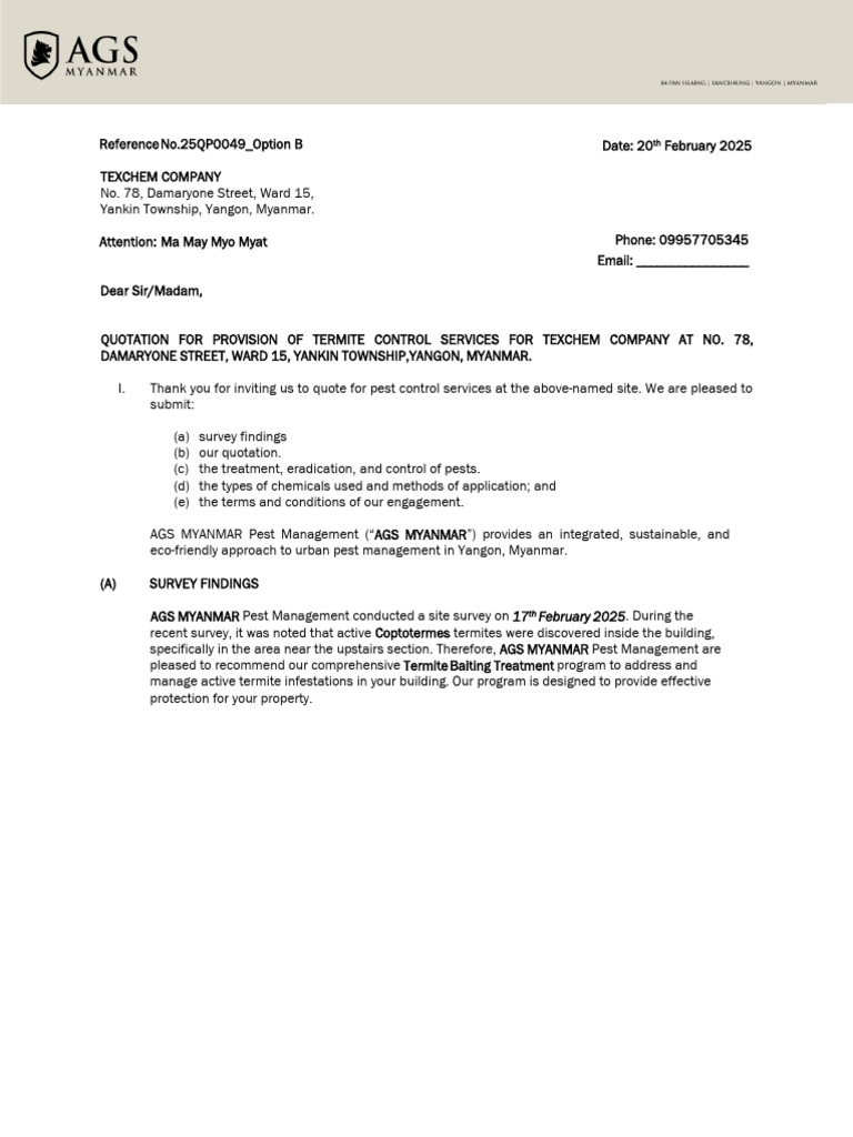 Termite Control Quotation for Texchem | PDF | Indemnity | Pest Control