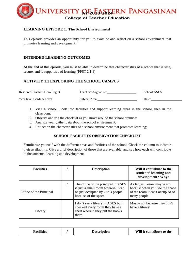 TOGUPEN JEREMY R. - FS 1 Learning Episode 1 | PDF | Classroom | Learning
