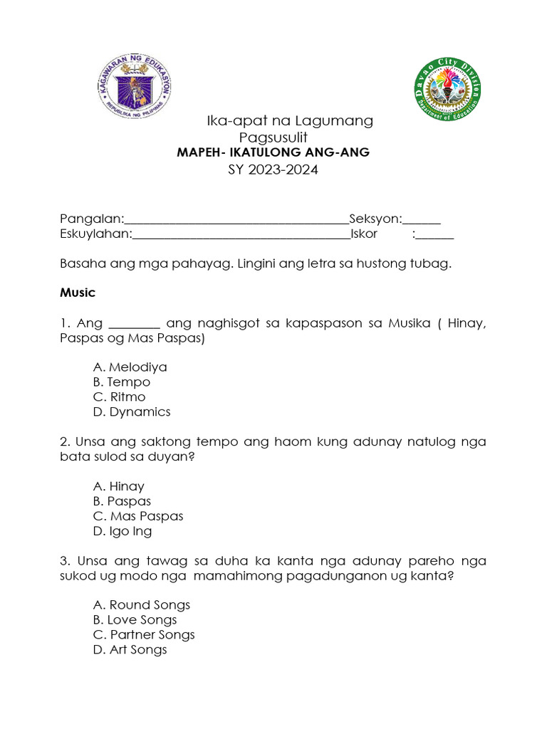 MAPEH-G3-Q4-TQ-TOS-AK-SY-2023-2024 | PDF