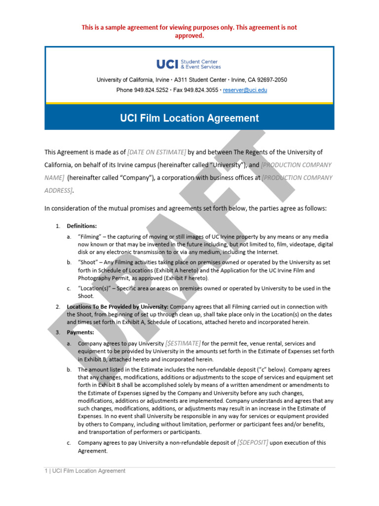 UCI Film Location Agreement Template | PDF | Liability Insurance ...