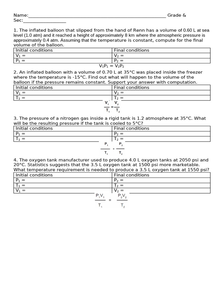 Gas Law Calculations for Balloons and Tanks | PDF
