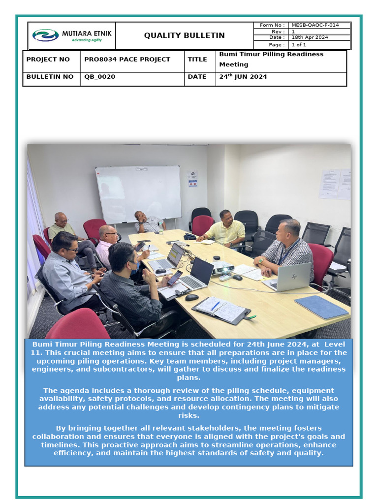 QUALITY BULLETIN - 24 Jun 2024 - Bumi Timur Piling Readiness | PDF