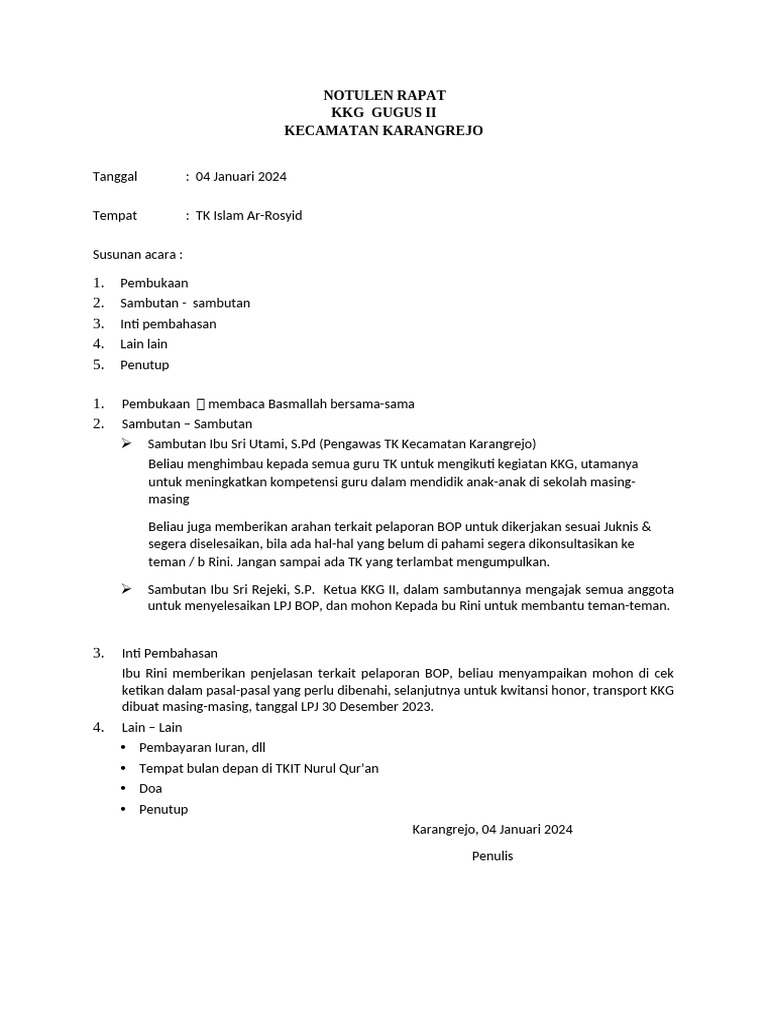 Notulen Rapat KKG Ii Jan-Juni 2024 | PDF