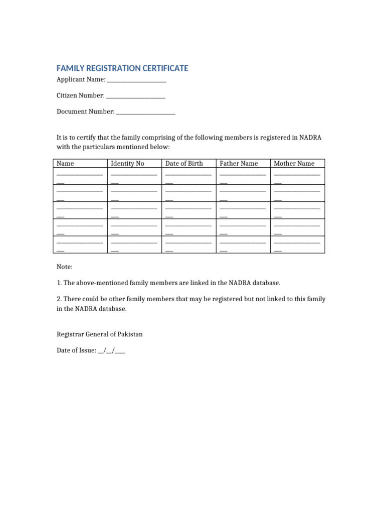 NADRA Family Registration Certificate | PDF