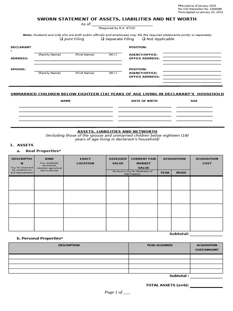 SALN Form New | PDF | Net Worth