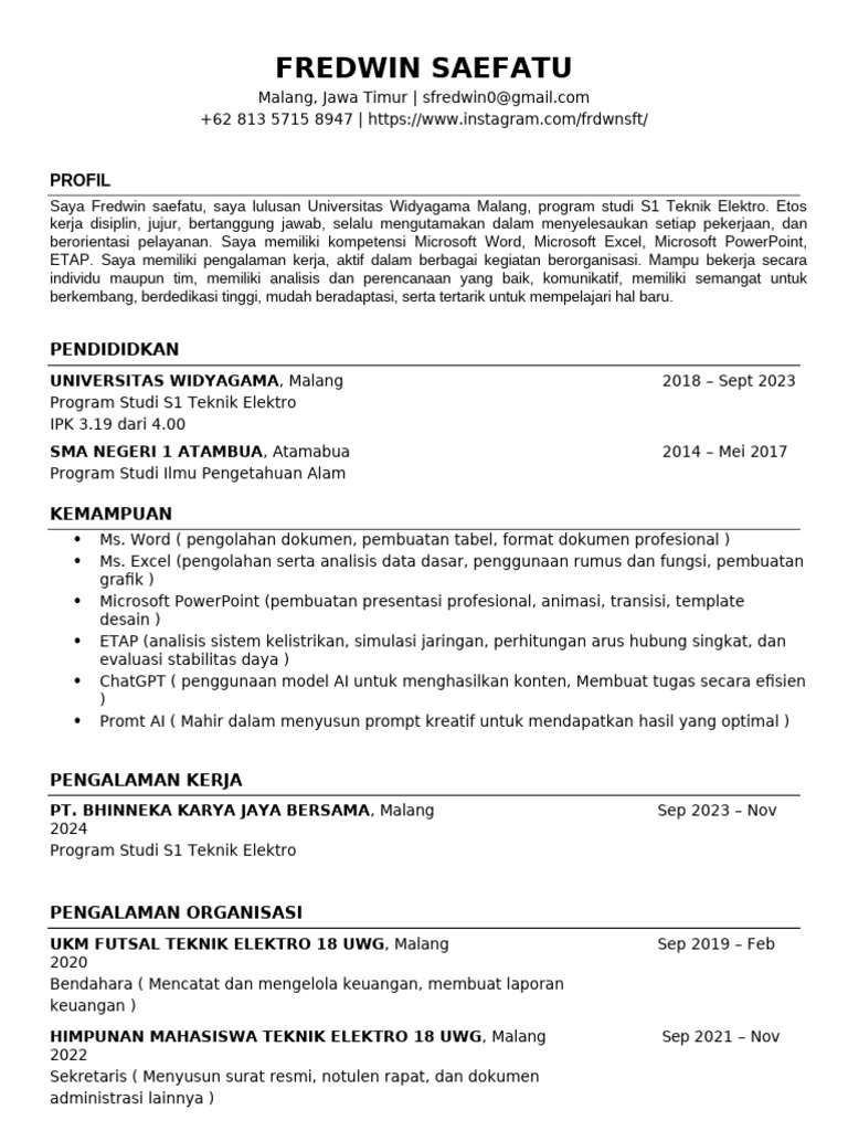 CV (Fredwin Saefatu) TE | PDF