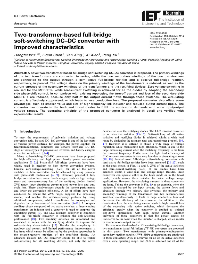 IET Power Electronics - 2015 - Wu - Two‐transformer‐based full‐bridge soft‐switching DC DC ...