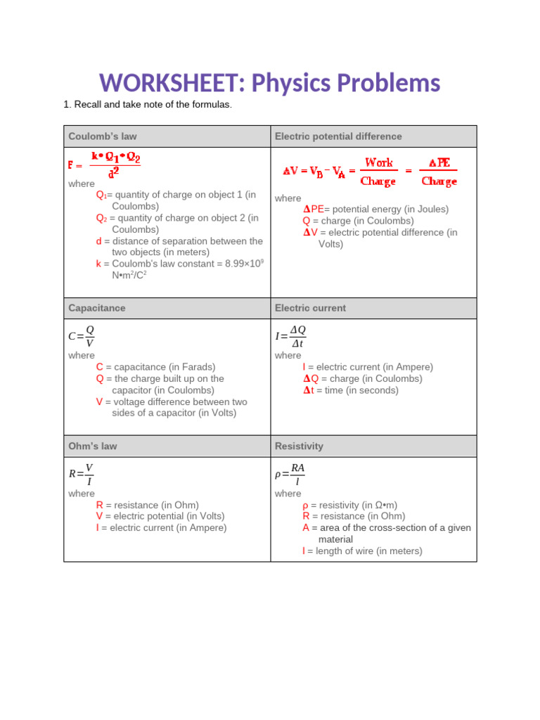 ANNA MARIYA VARGAS - (Worksheet) Activity 1 - Physics Problems | PDF | Voltage | Capacitor