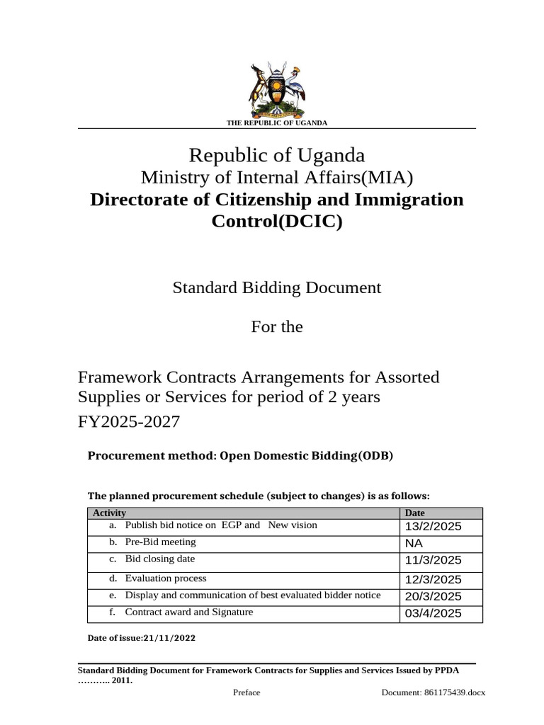 DCIC Standard Bidding Document For Framework Contracts For Supplies and ...