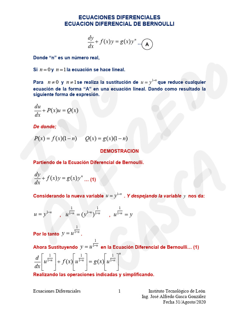 E.D. Método de Bernoulli | PDF | Ecuaciones | Ecuaciones diferenciales