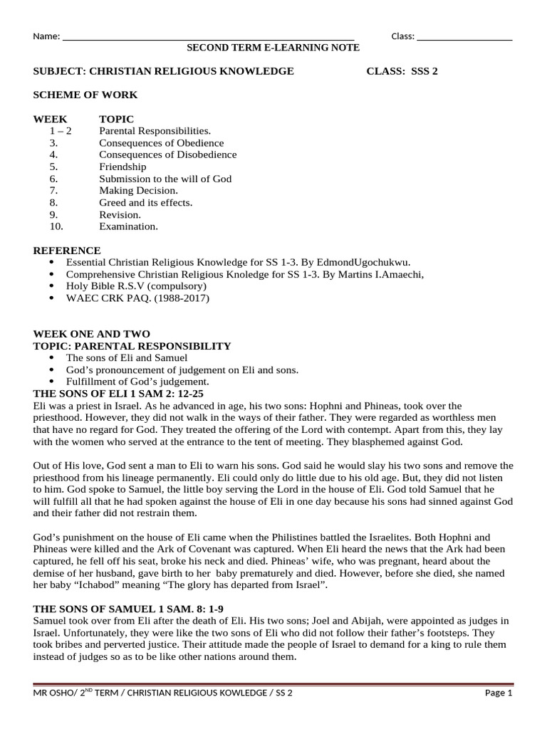 SSS 2 Christian Religious Knowledge Notes | PDF | Saul | David