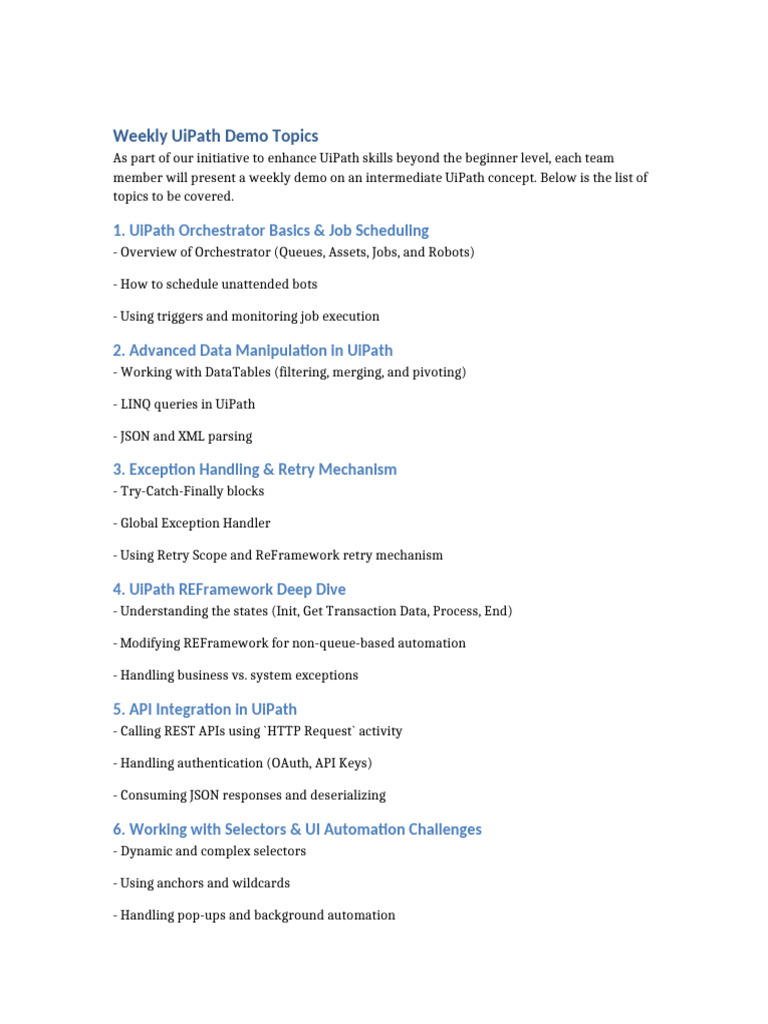 UiPath Weekly Demo Topics | PDF | Automation | Databases