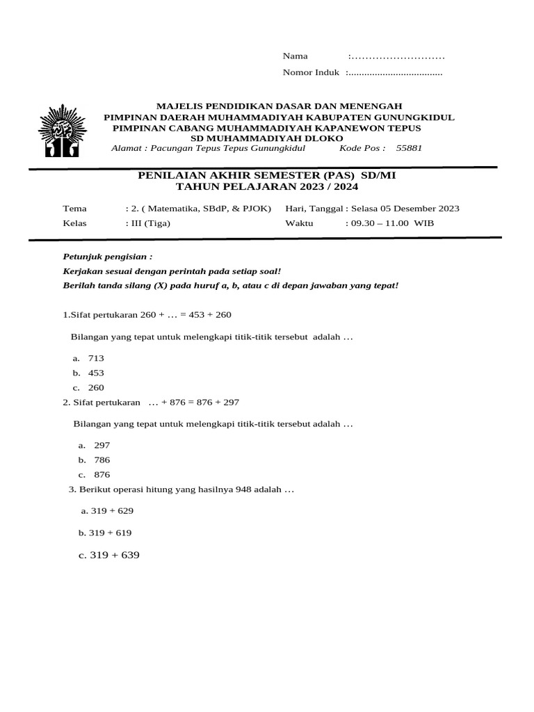 Soal Tema 2 Mtk, SBdP, PJOK | PDF
