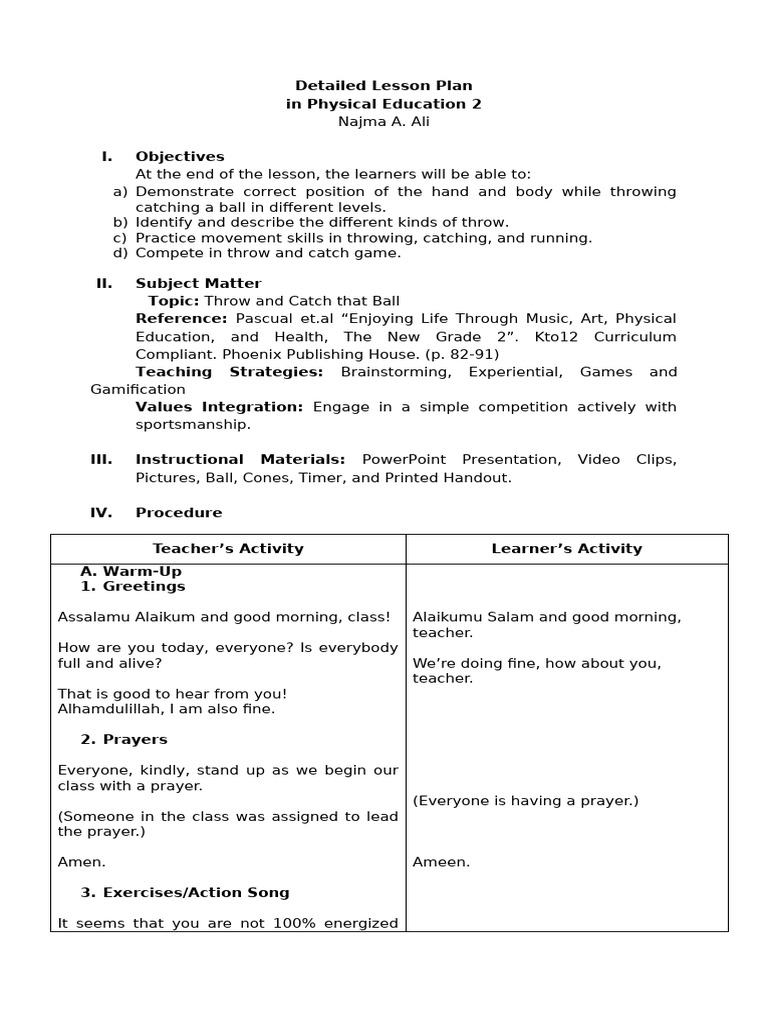 A Detailed Lesson Plan in Physical Education 2 1 | PDF | Lesson Plan ...